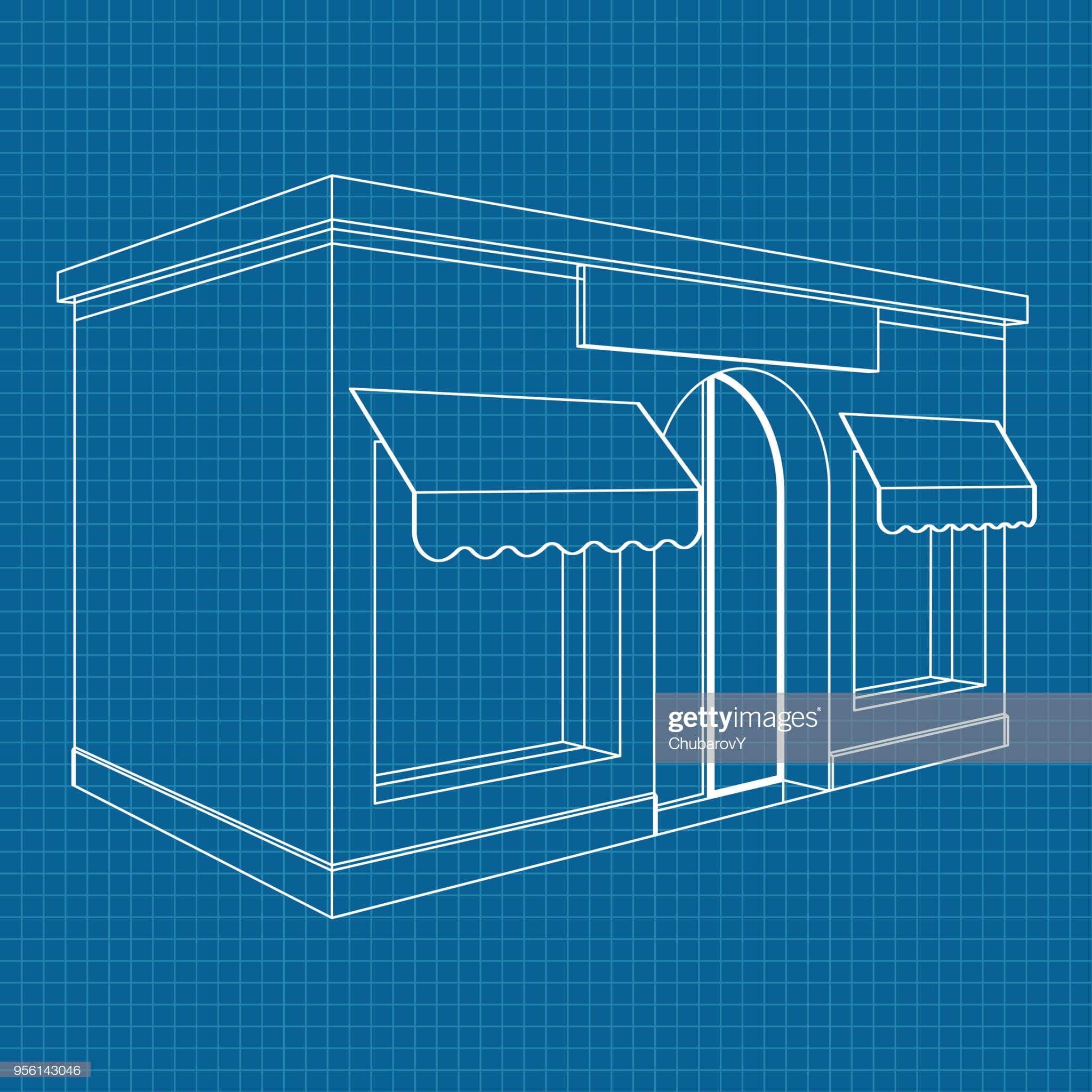 Store front. White outline drawing on blueprint background. Vector ...